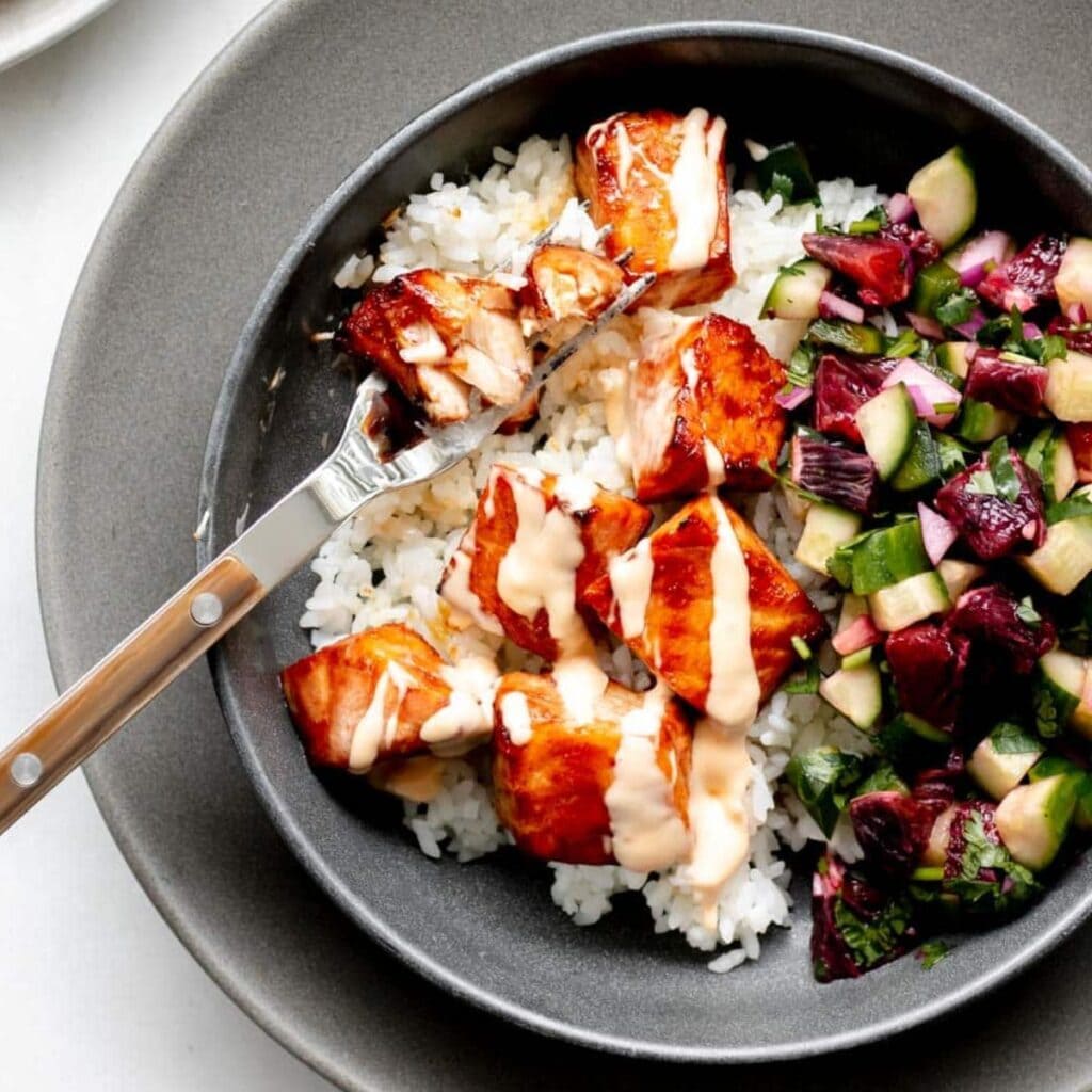 Hot Honey Salmon Bowls - Abra's Kitchen