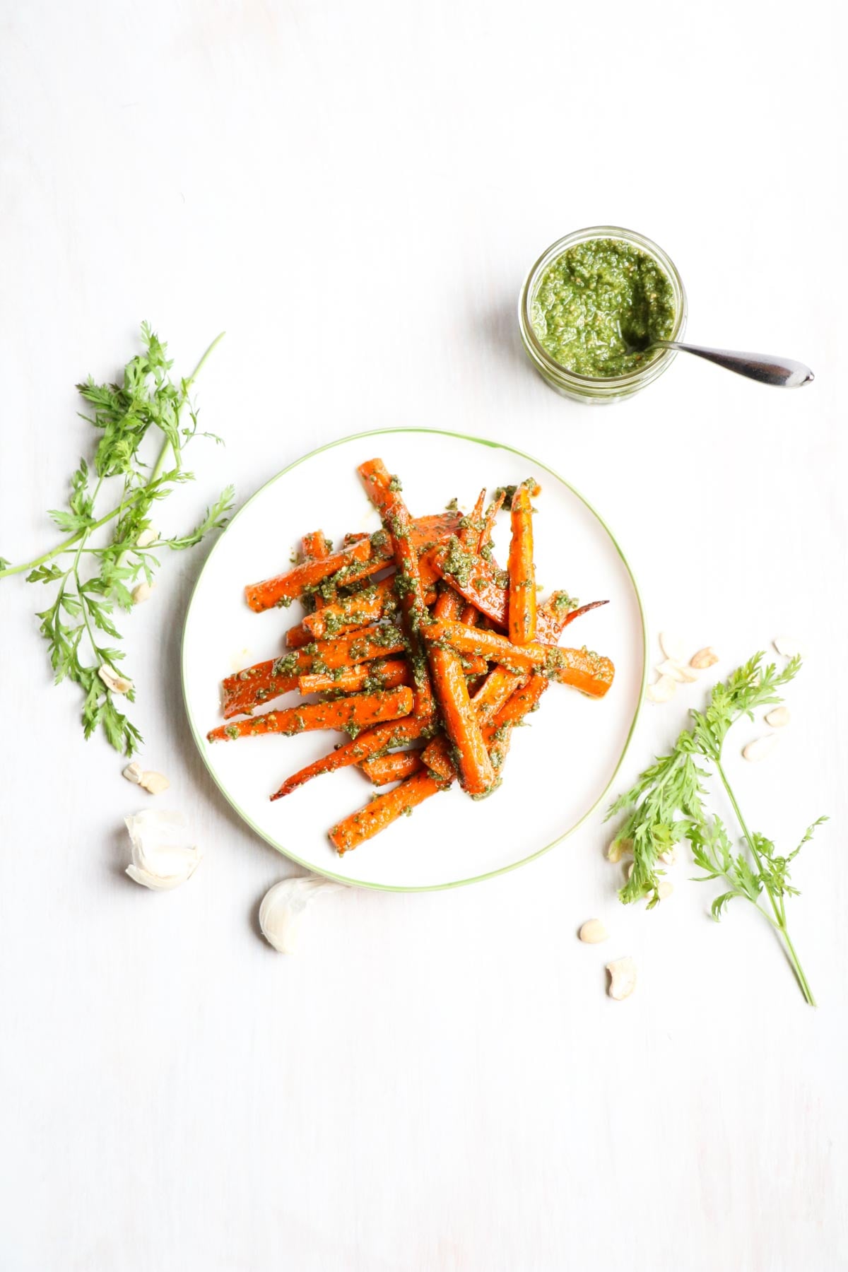 Cashew Carrot Top Pesto with Roasted Carrots - Abra's Kitchen